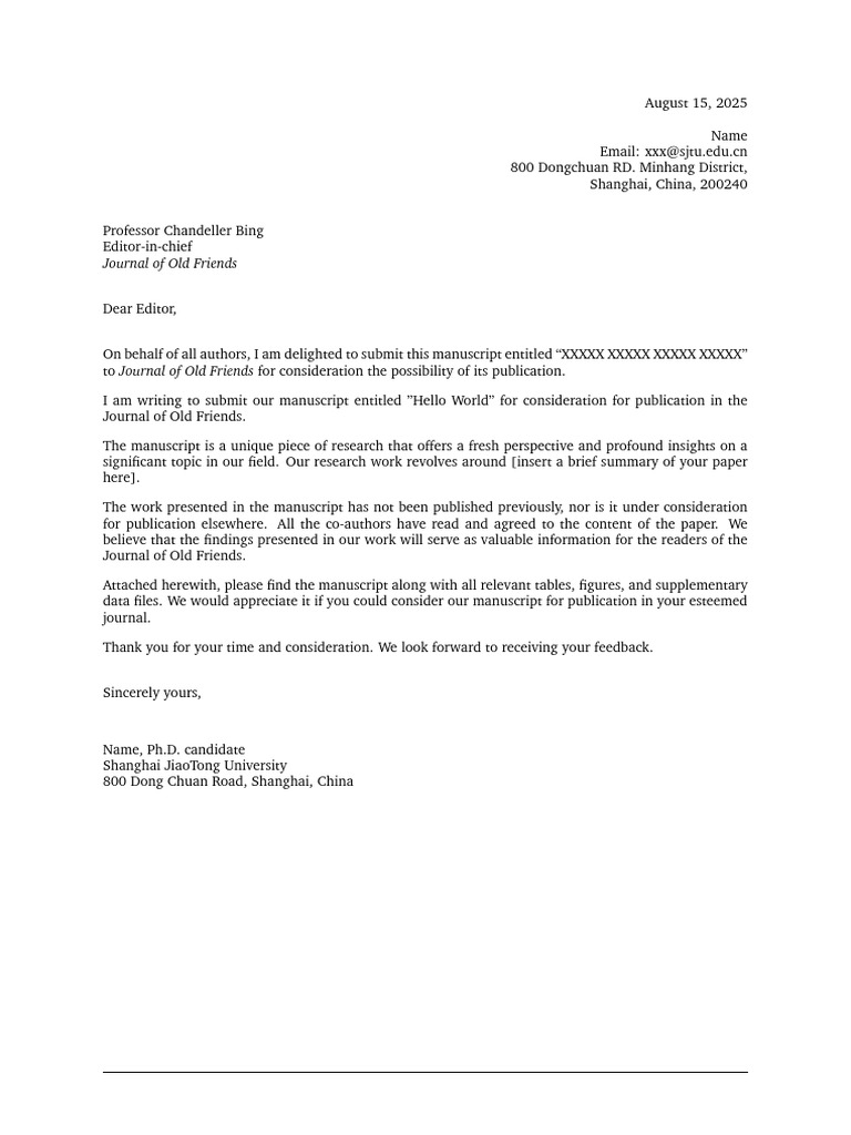 SJTU cover Letter Template 上海交大投稿信模板 | PDF