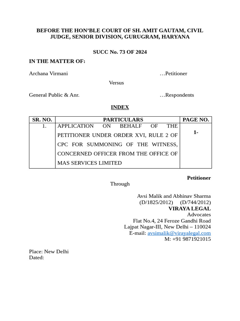 Summoning Application Archana Virmani | PDF | Legal Procedure | Common Law