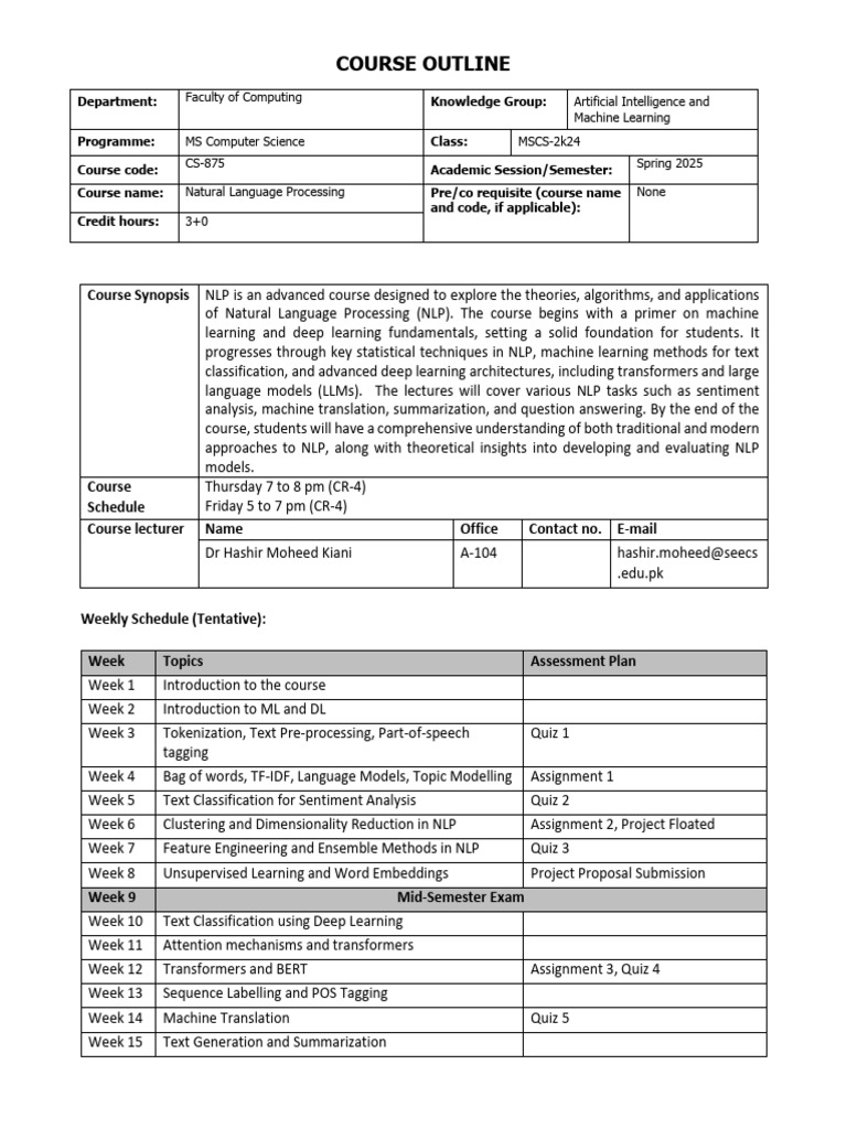 CS-875 NLP Spring 2025 - Course Outline | PDF | Machine Learning | Cognitive Science
