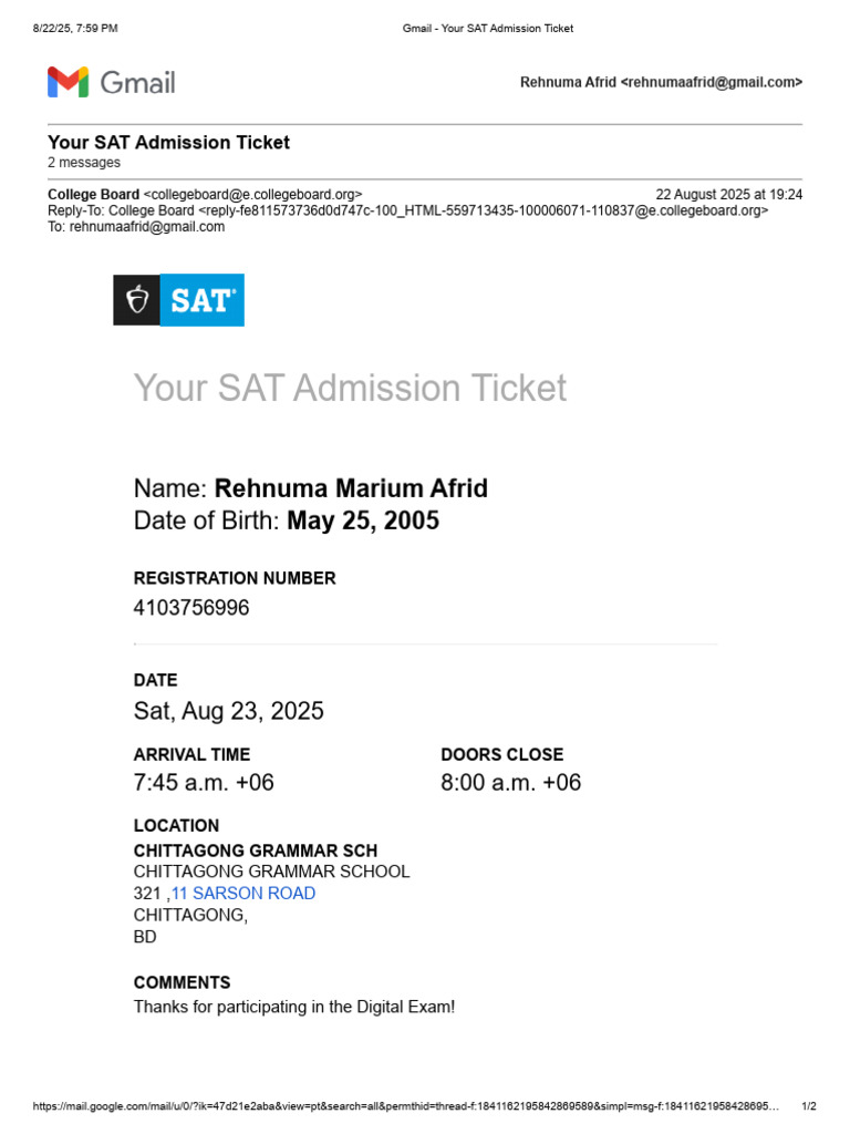 Gmail - Your SAT Admission Ticket | PDF
