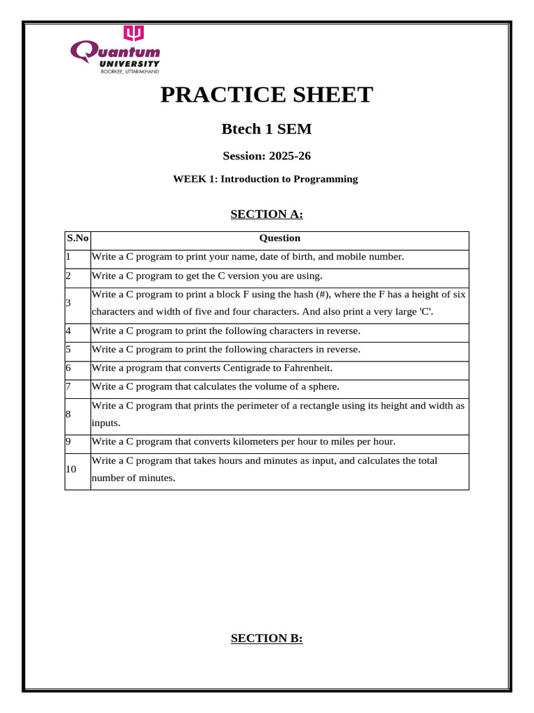 PRACTICE SHEET 1 SEM (1) | PDF | Computer Programming | Software ...
