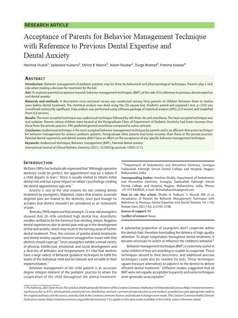 Acceptance of Parents For Behavior Management Technique With Reference ...