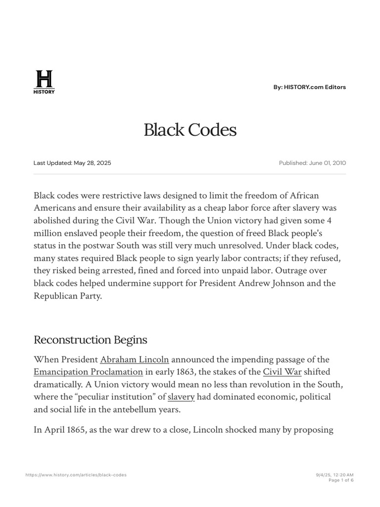 Black Codes - Definition, Dates & Jim Crow Laws | HISTORY | PDF ...