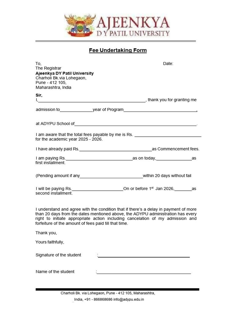 ADYPU Fee Undertaking Form 2025-2026 | PDF