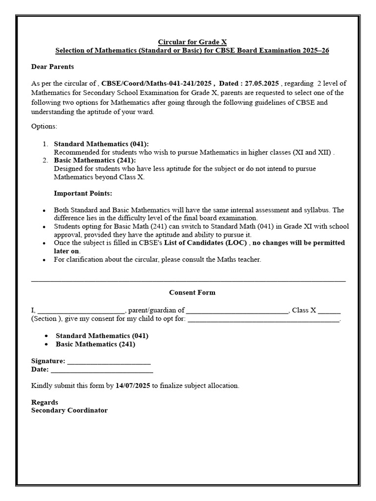 CBSE Grade X Maths Selection Circular 2025-26 | PDF