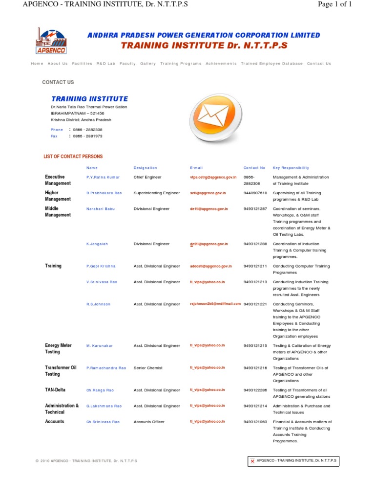 APGENCO Training Contacts | PDF | Engineer | Energy And Resource
