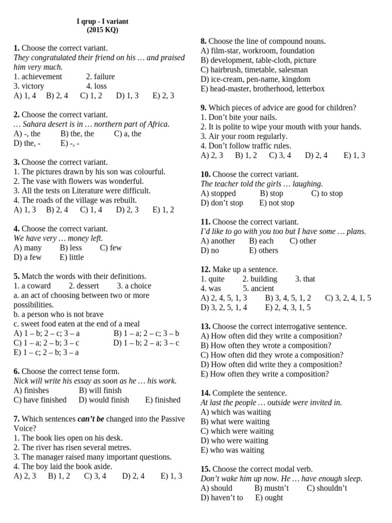 English Language Test Questions | PDF | Linguistics