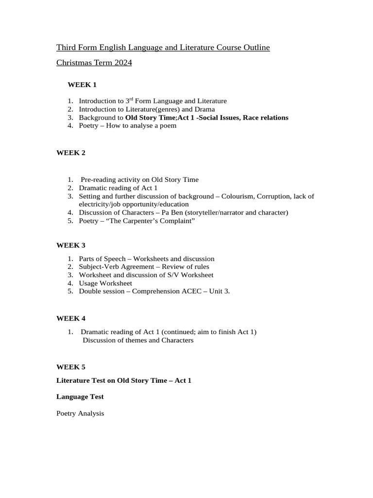 Third Form Lang and Lit Course Outline Christmas Term 2024 | PDF