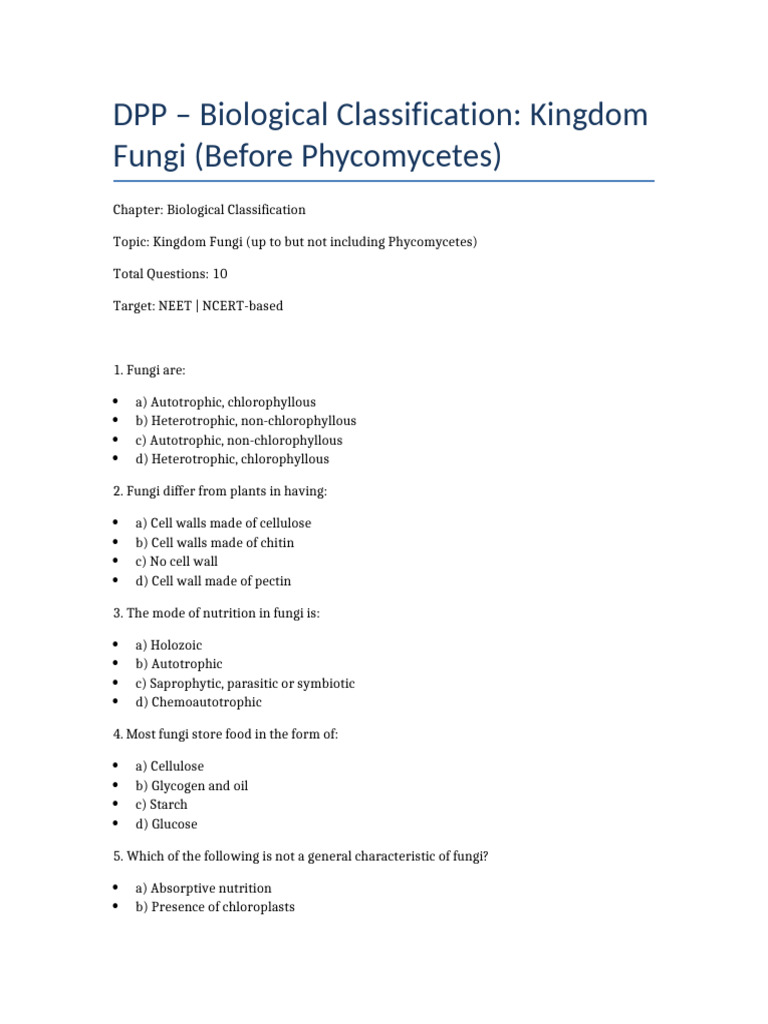Biological Classification Fungi DPP | PDF