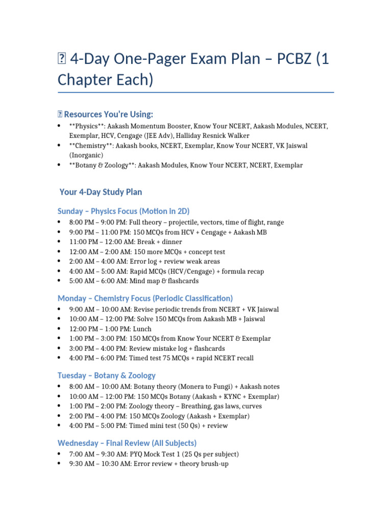4-Day OnePager PCBZ StudyPlan WithCheckboxes | PDF | Physics