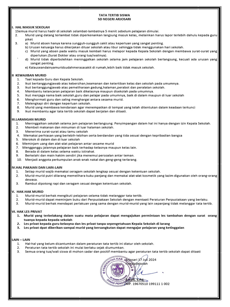 Tata Tertib Siswa SD Negeri Arjosari | PDF