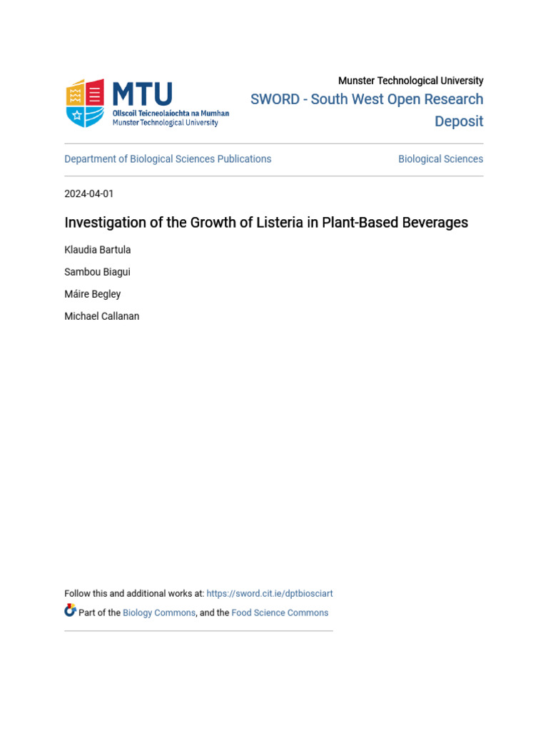 Listeria Growth in Plant-Based Beverages | PDF
