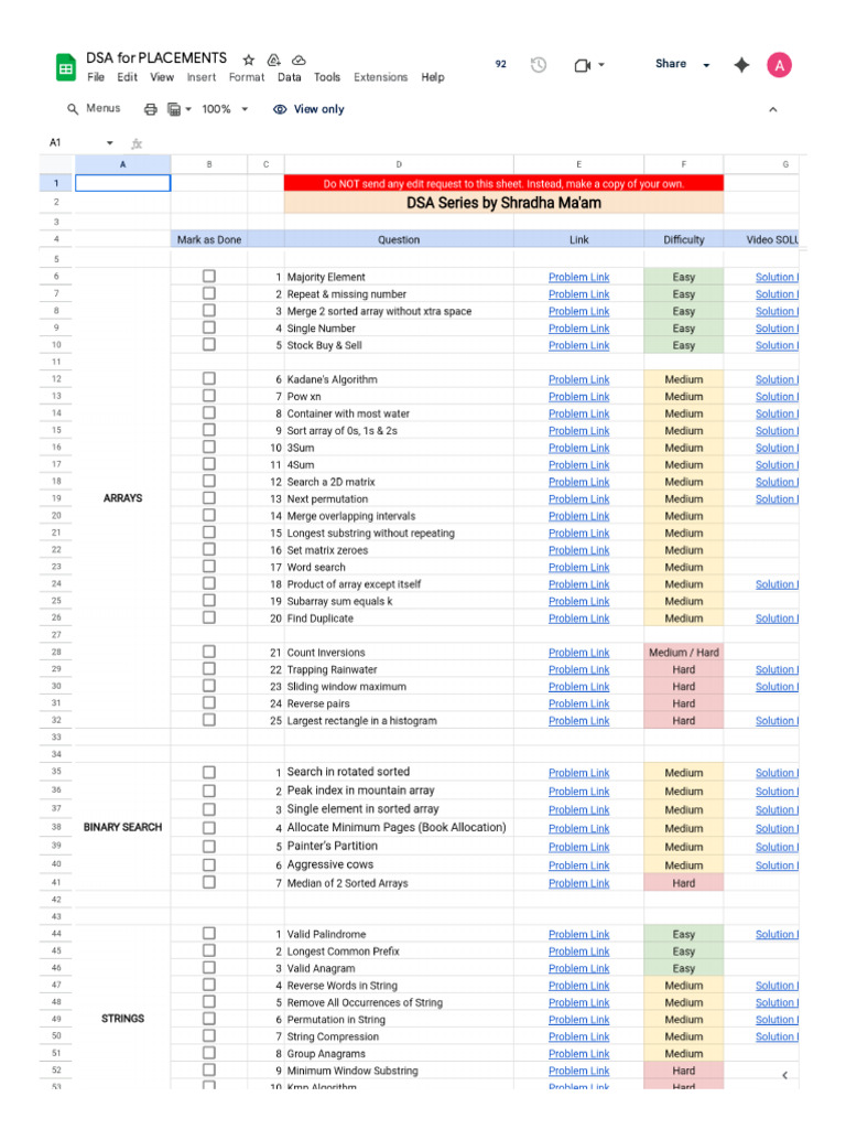 DSA for Placements Spreadsheet Guide | PDF