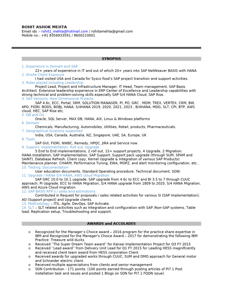 Rohit Mehta Resume For SAP BASIS HANA V | PDF | Databases | Backup