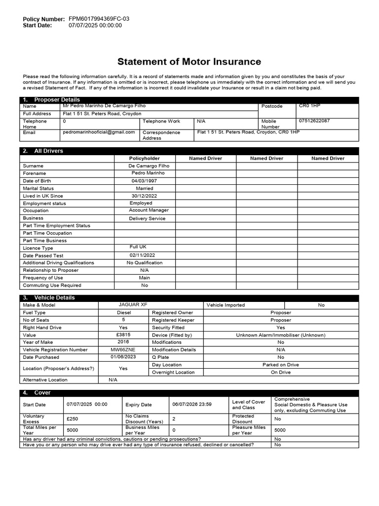 Motor Insurance Statement of Fact | PDF | Insurance | Vehicle Insurance