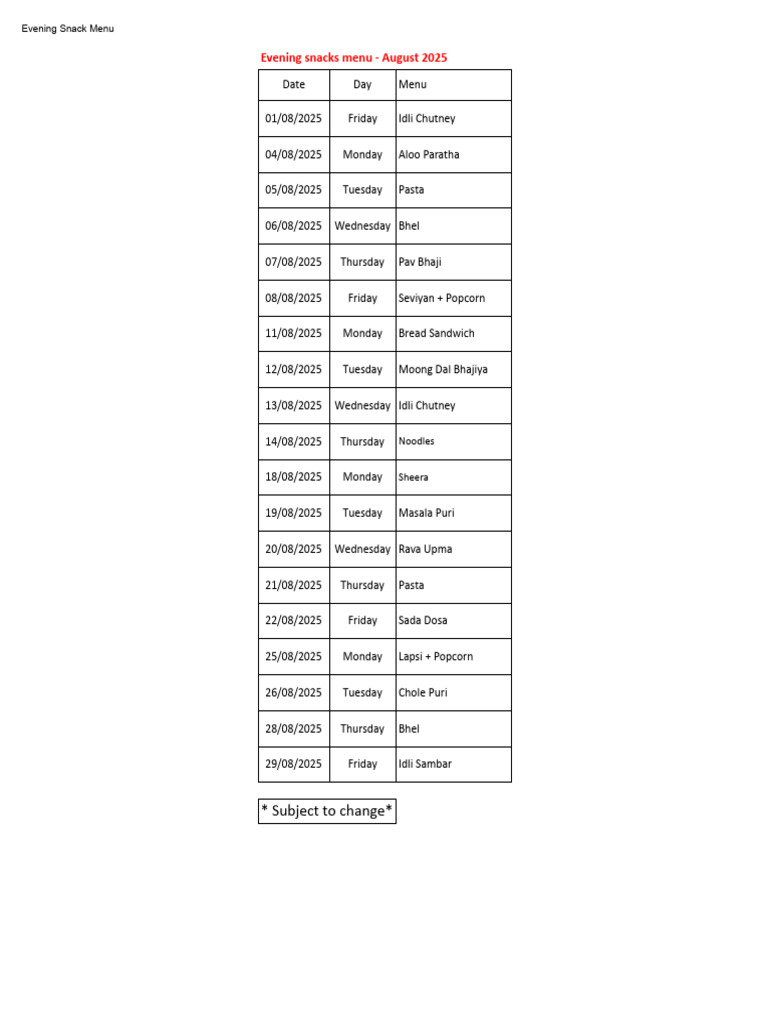 Evening Snack Menu - Aug.25 | PDF