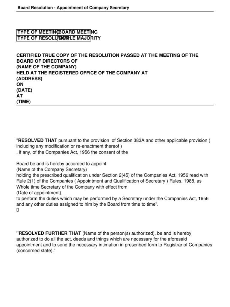 Board Resolution Appointment of Company Secretary | PDF