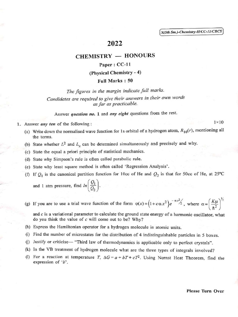 CU-2022 B.sc. (Honours) Chemistry Semester-5 Paper-CC-11 QP | PDF
