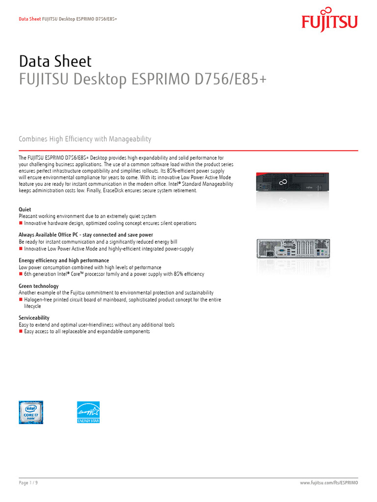 Fujitsu Esprimo d756 E85 Datasheet | PDF | Bios | Solid State Drive