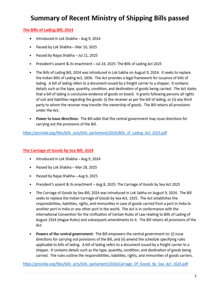 Summary of Recent Ministry of Shipping Bills Passed | PDF | Bill Of ...