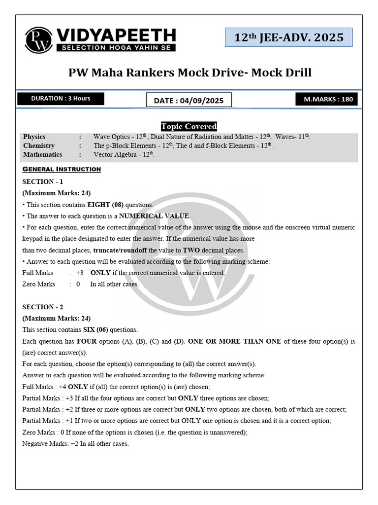 JEE Adv PCM_Mahapedagogy Test_Question Paper_Shinde_04.09.25 | PDF ...