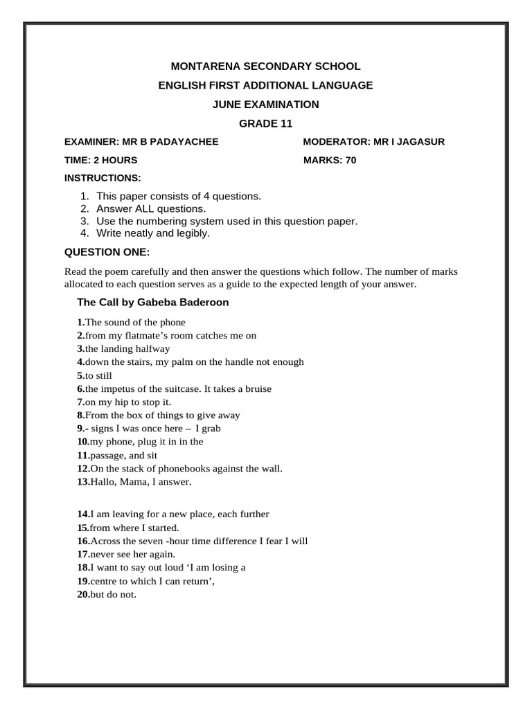 Grade 11 Fal June Paper Two 2025 - 055726 | PDF | Poetry