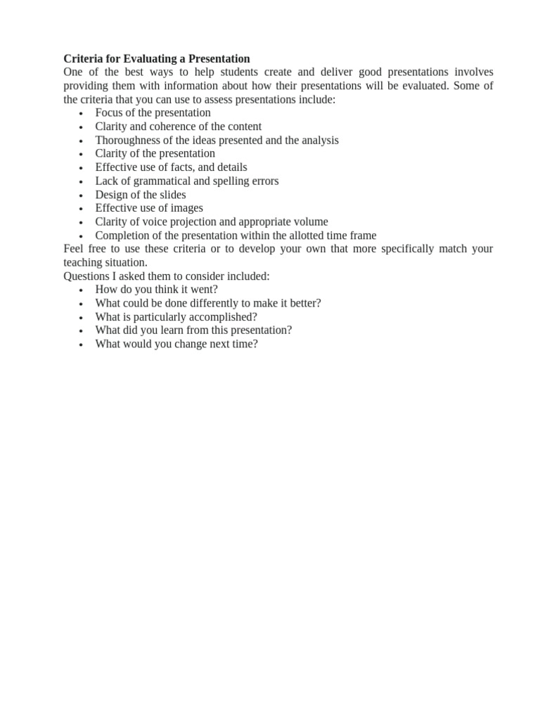 Presentation Evaluation Criteria Guide | PDF