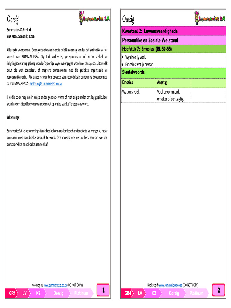 A - Opsommings - Graad 4 - Lewensvaardighede - Platinum - Kwartaal 2 | PDF