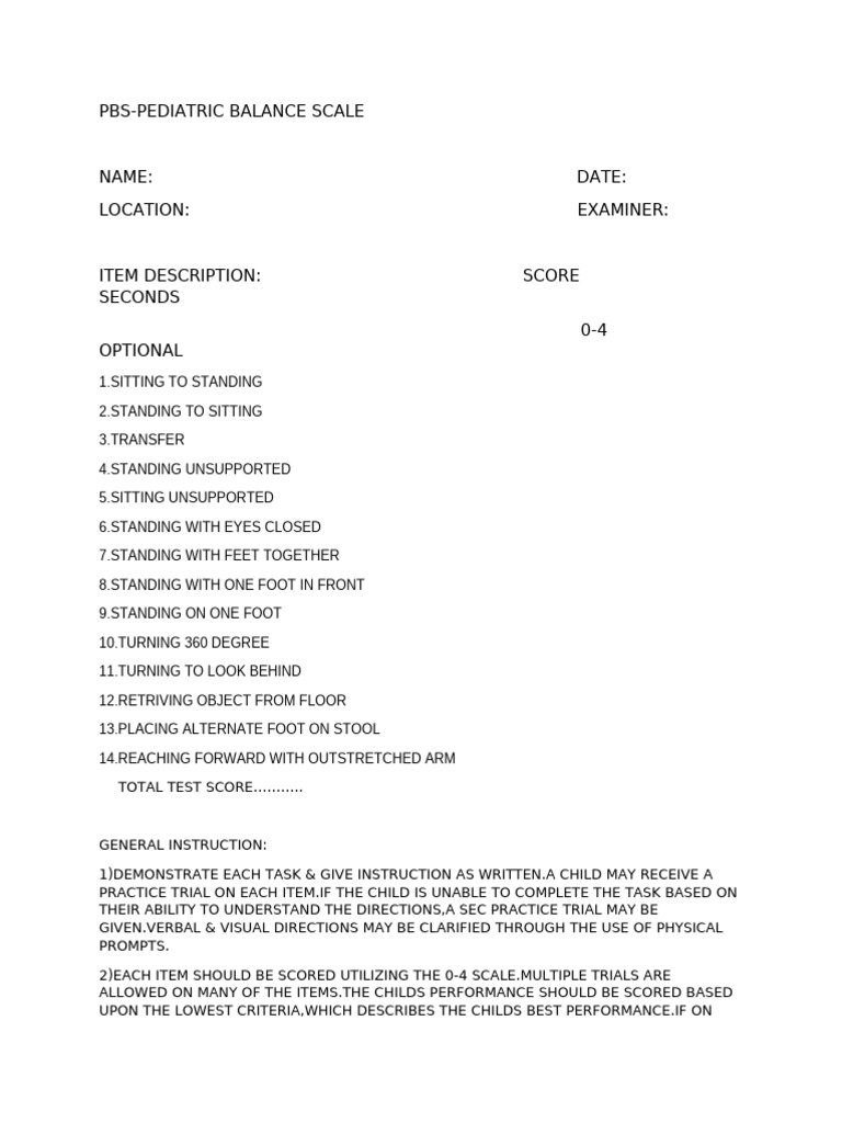 Pediatric Balance Scale Instructions | PDF | Anatomical Terms Of Motion ...