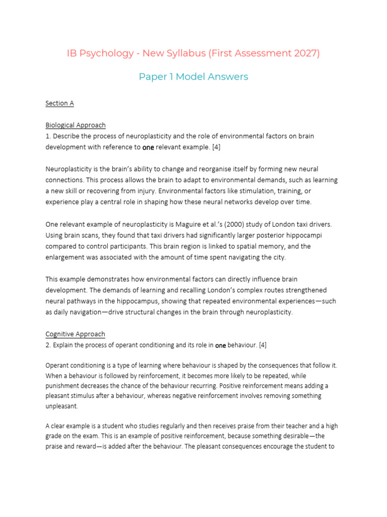 IB Psychology Paper 1 Model Answers | PDF | Reinforcement | Neuroplasticity