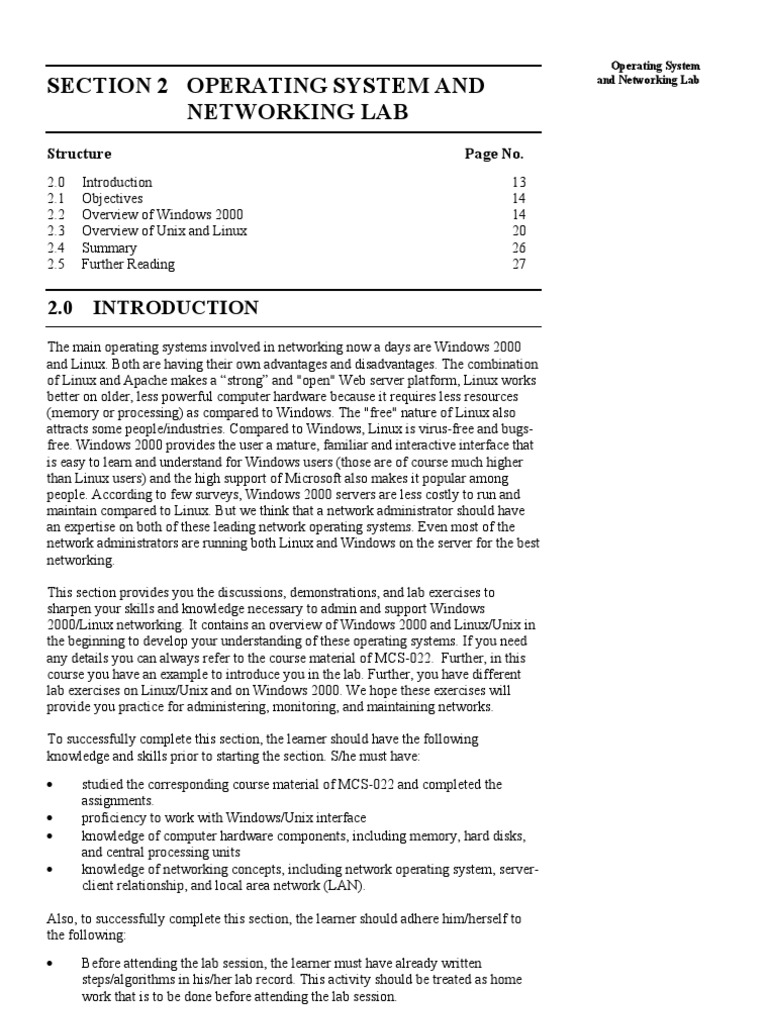 Section 2 Operating System and Networking Lab: Structure No | PDF | Windows 2000 | Operating System