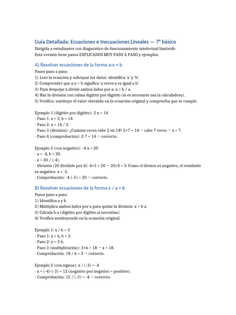 Guia Ecuaciones Inecuaciones 7basico Detallada | PDF | Ecuaciones | Matemáticas