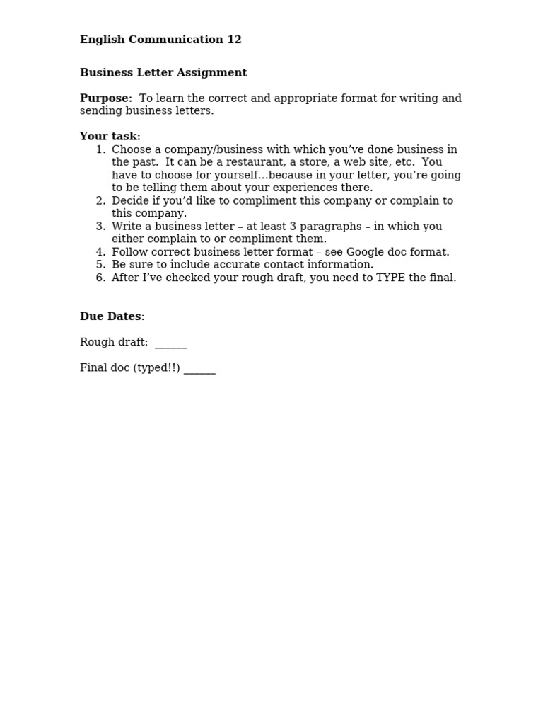 Business Letter Writing Assignment | PDF