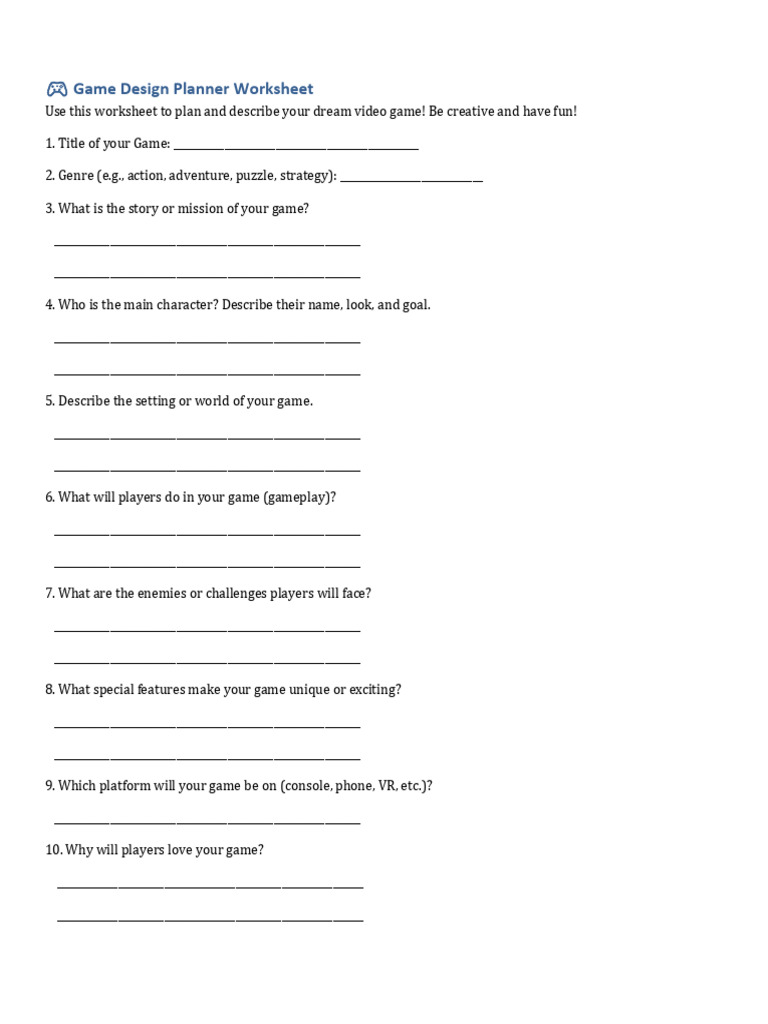 Video Game Design Planning Worksheet | PDF