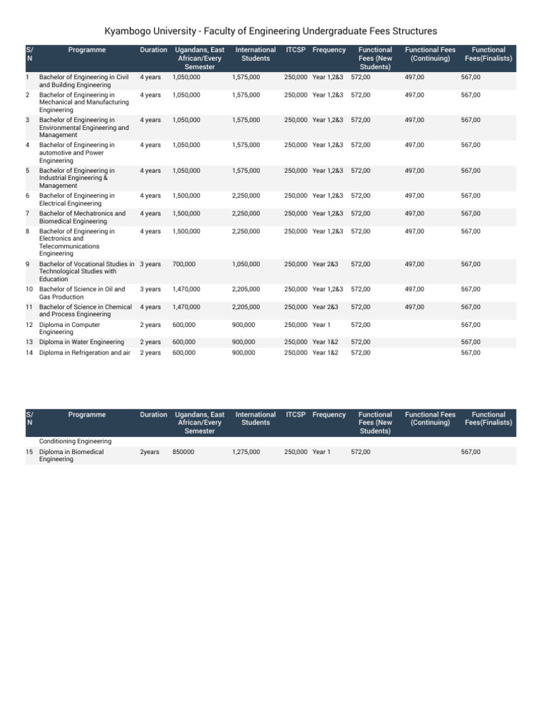 Kyambogo University - Faculty of Engineering Undergraduate Fees Structures (1) | PDF ...