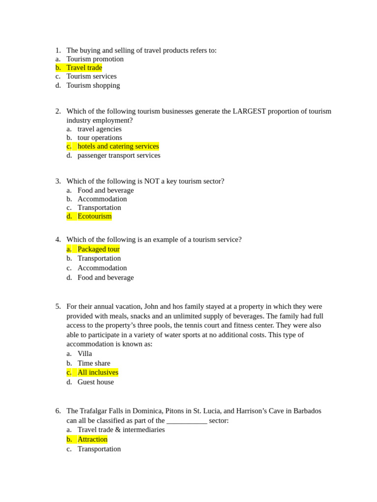 Eight Sectors of Tourism Quiz | PDF | Tourism