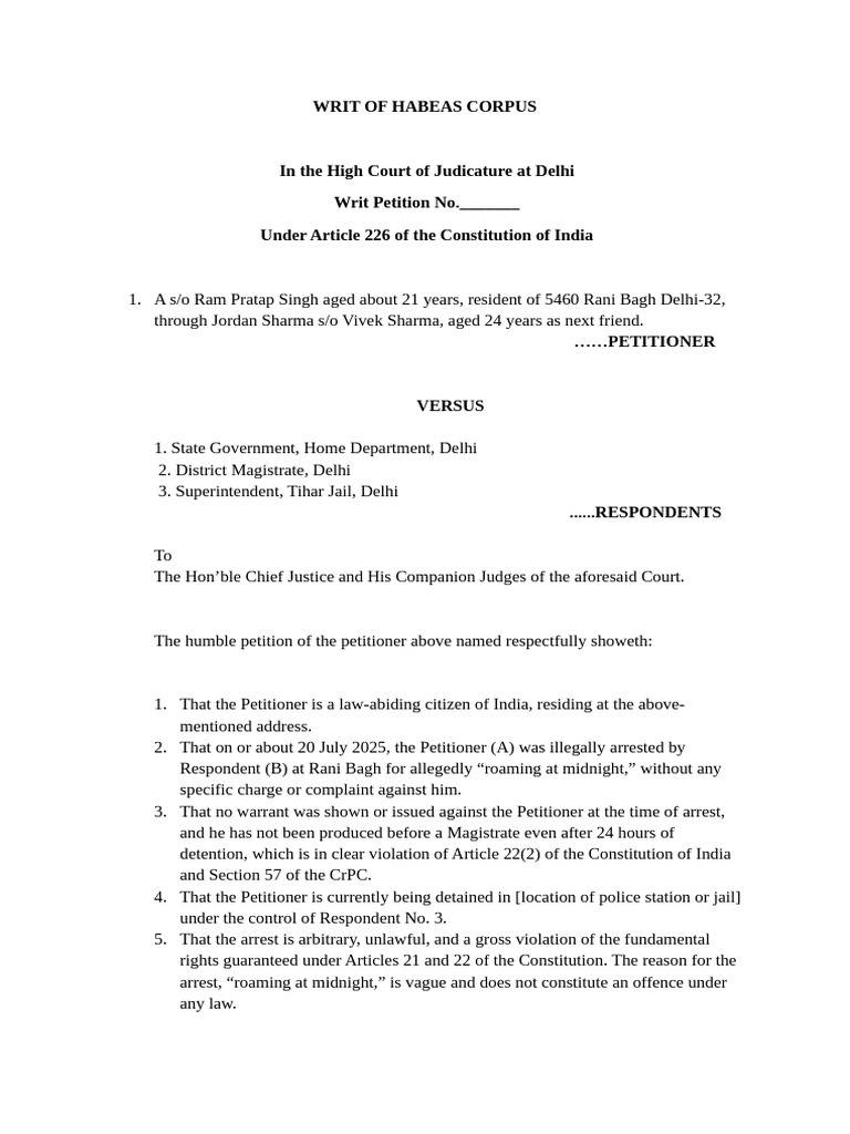 Delhi Writ of Habeas Corpus Petition | PDF | Arrest | Habeas Corpus
