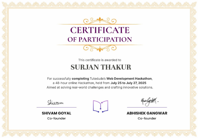 SURJAN THAKUR - Hackathon Certificate | PDF