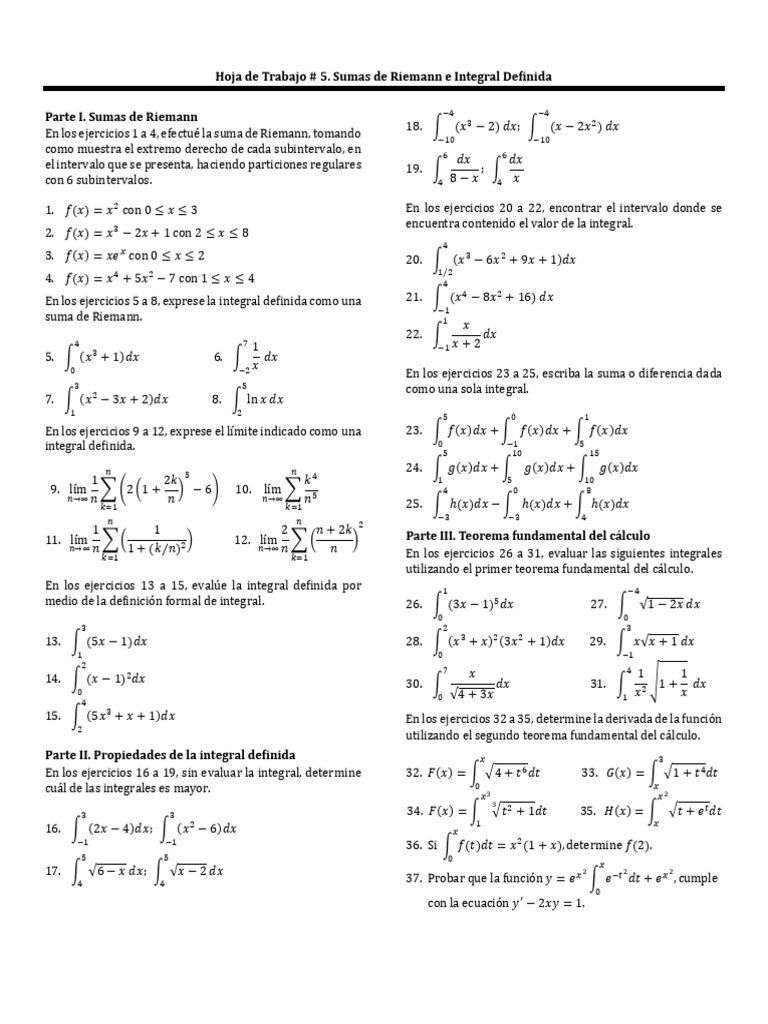Hoja de Trabajo . Sumas de Riemann e Integral Definida | PDF | Integral ...