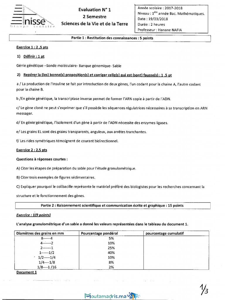 Devoir SVT 1bac SM International FR s2 2 | PDF