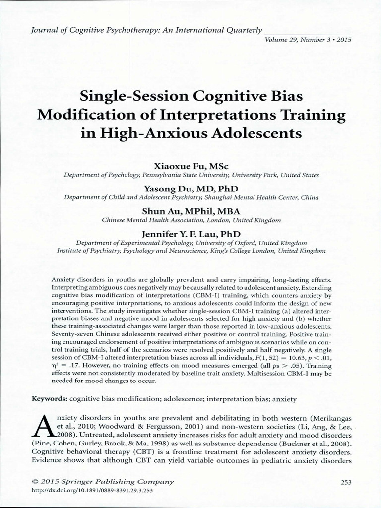 Treatment Single-Session Cognitive Bias Modification of Interpretations ...