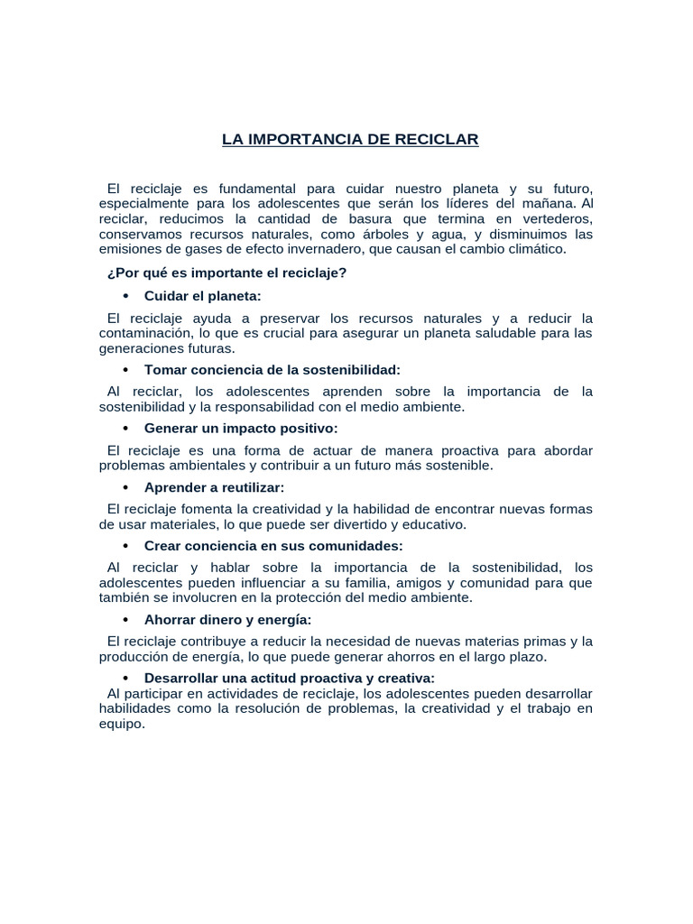 La Importancia de Reciclar | PDF | Reciclaje | Sustentabilidad