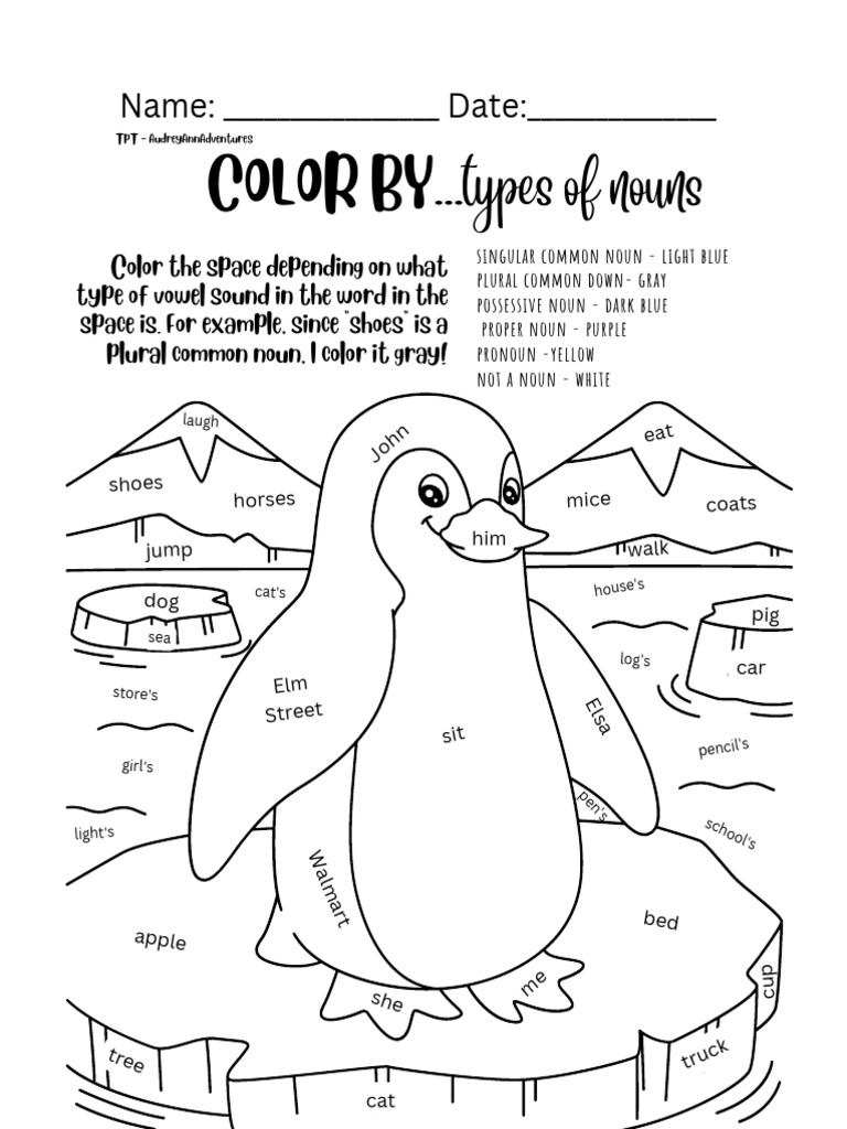 Color by Types of Nouns Activity | PDF | Plural | Morphology