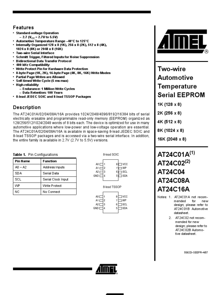 Two-Wire Automotive Temperature Serial EEPROM: Features | Download Free PDF | Microcontroller ...