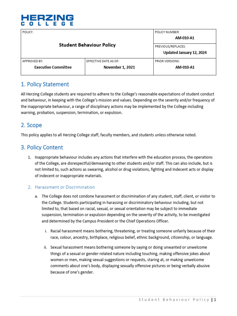 Herzing College Student Conduct Policy | PDF | Harassment | Discrimination