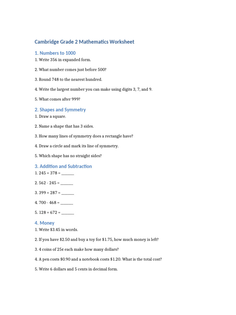 Grade 2 Maths Worksheet Overview | PDF