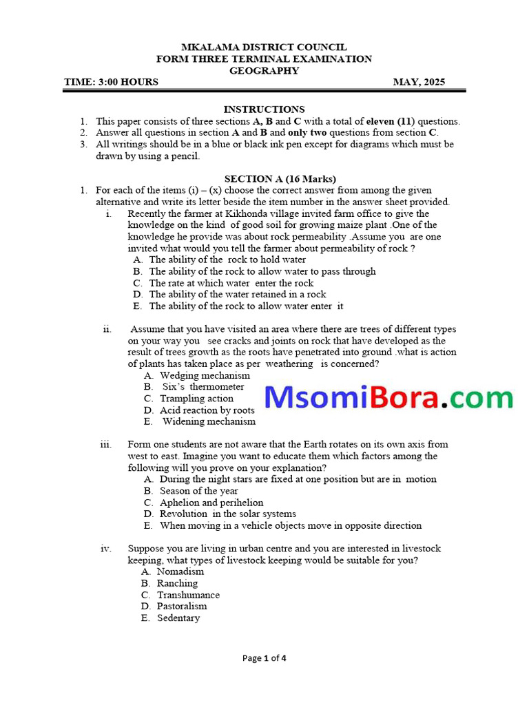 Form Three Geography Exam 2025 | PDF | Crop Rotation | Desert