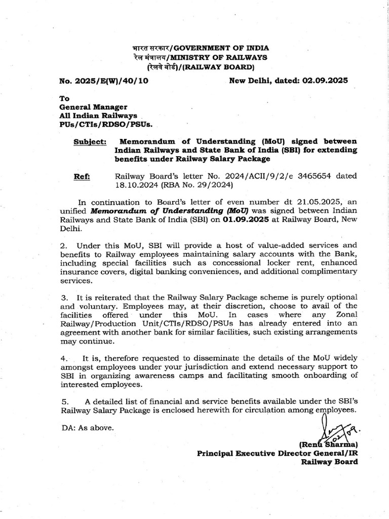 Boards Letter Dated 02.09.25 Circulating MoU Between IR and SBI Regarding Railway Salary Package ...