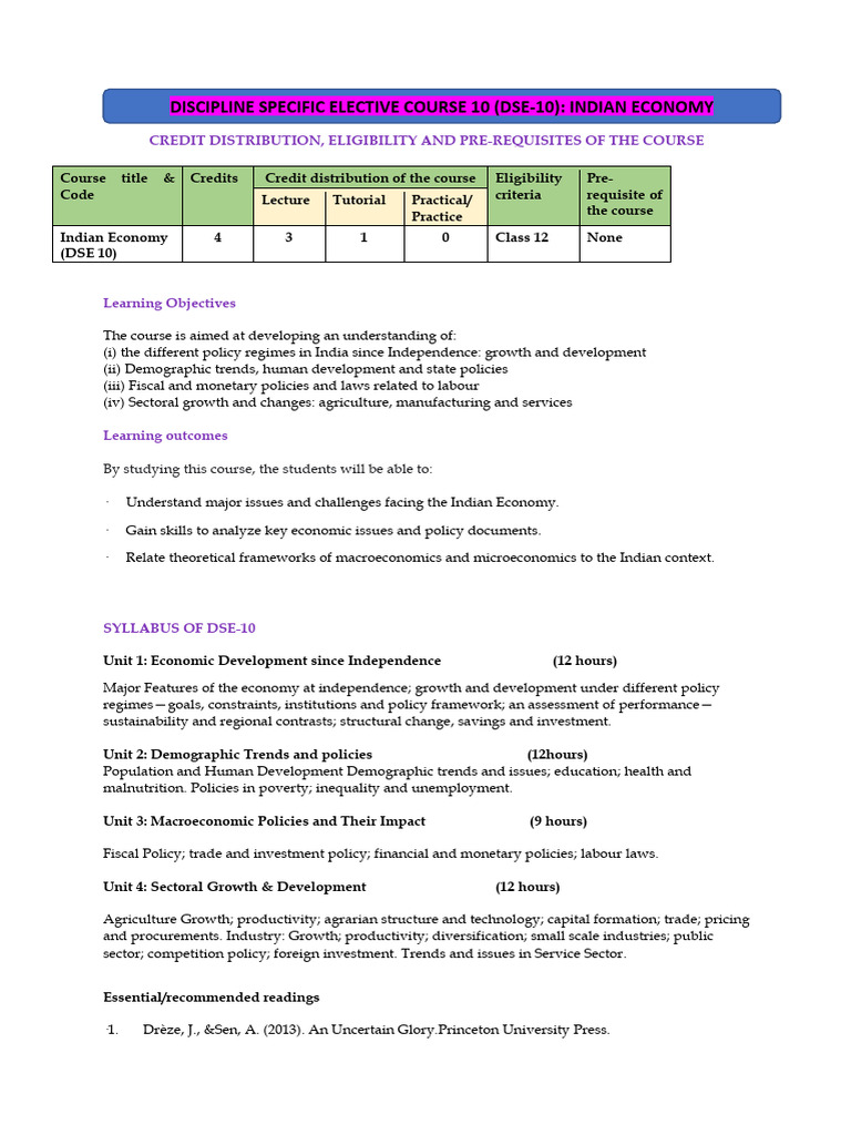 Indian Economy Course Overview and Details | PDF | Economics | Labour ...