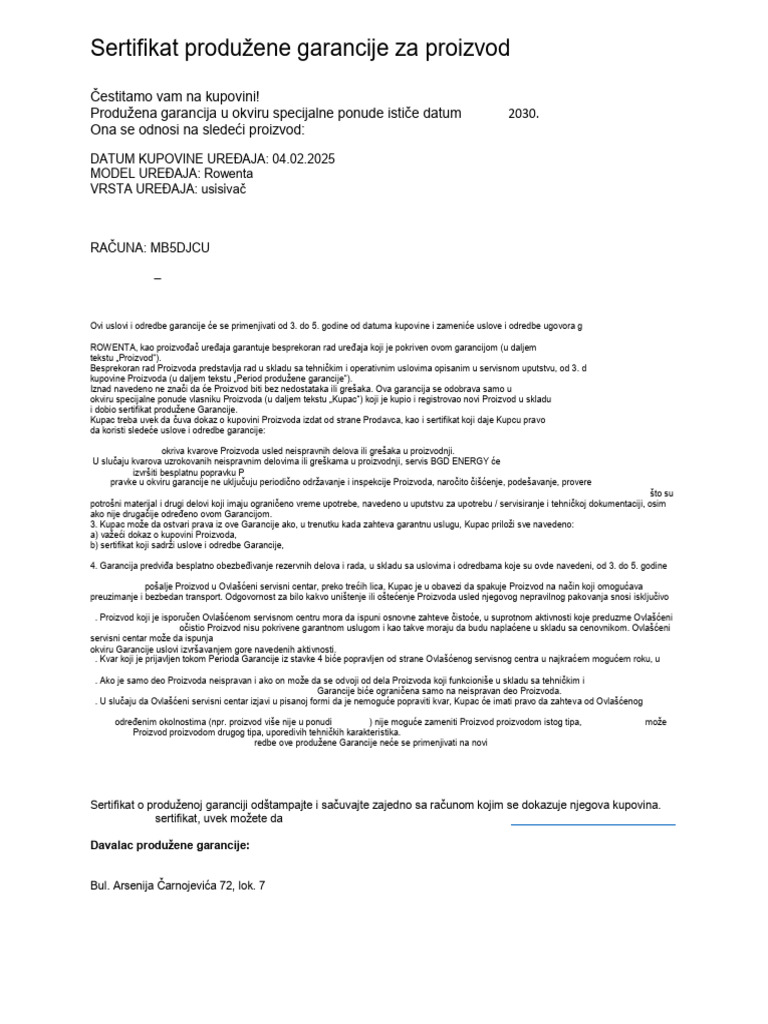 003-25 Sertifikat Produženje Garancije Za Proizvod ROWENTA Predrag ...